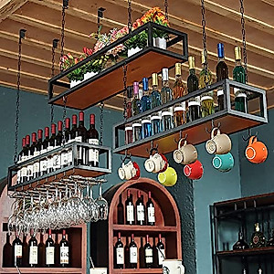 BUYFKG Industrial Ceiling Wine Rack, Iron Solid Wood Ceiling Wine Holder, with 1m Long Iron Chain Industrial Retro Shelves, Restaurants/Bar/Kitchen Storage Shelf (Size : 80cm)