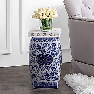 JONATHAN Y TBL1011A Floral Vine 18.5" Chinoiserie Ceramice Square Garden Stool Bohemian, Coastal, Classic, Cottage, French Country, Traditional, Transitional, Bathroom, Garden Room, Patio, Blue/White
