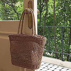 SHERCHPRY Bag for Handbag Women Summer Sea Hand-woven Travel Basket Straw Beach Vacation Woven Fashion Tote Bags Hollow-out Top-handle Clutch Rattan Khaki