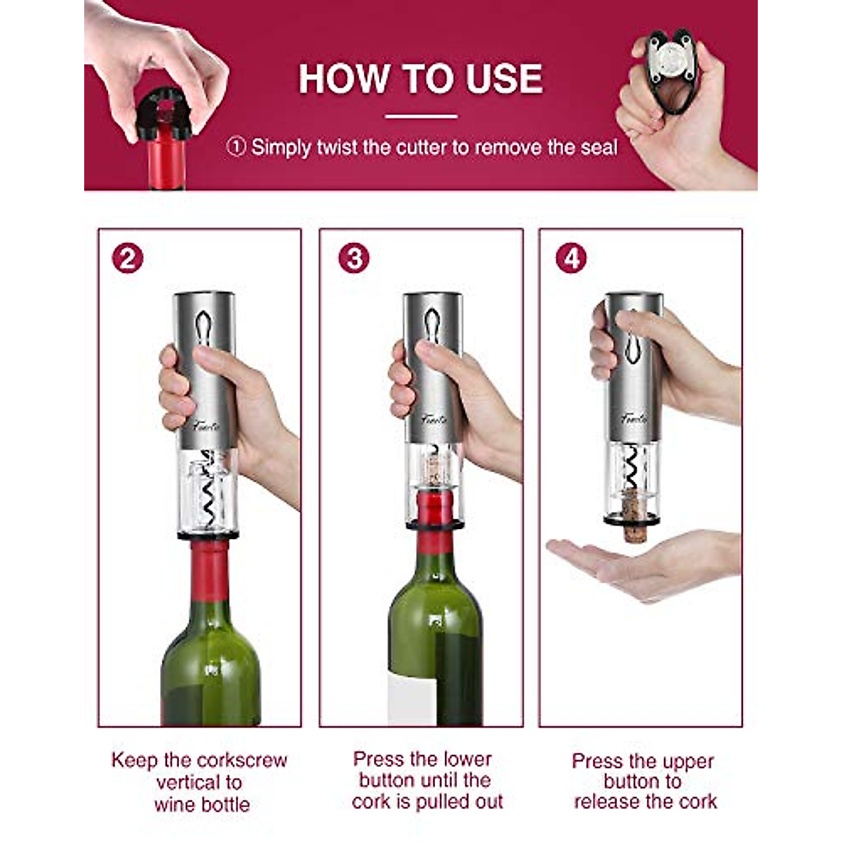 Foneta Electric Wine Opener Rechargeable Wine Bottle Opener with Charging Base, Wine Aerator Pourer, Foil Cutter, Wine Stoppers - Glamour Series