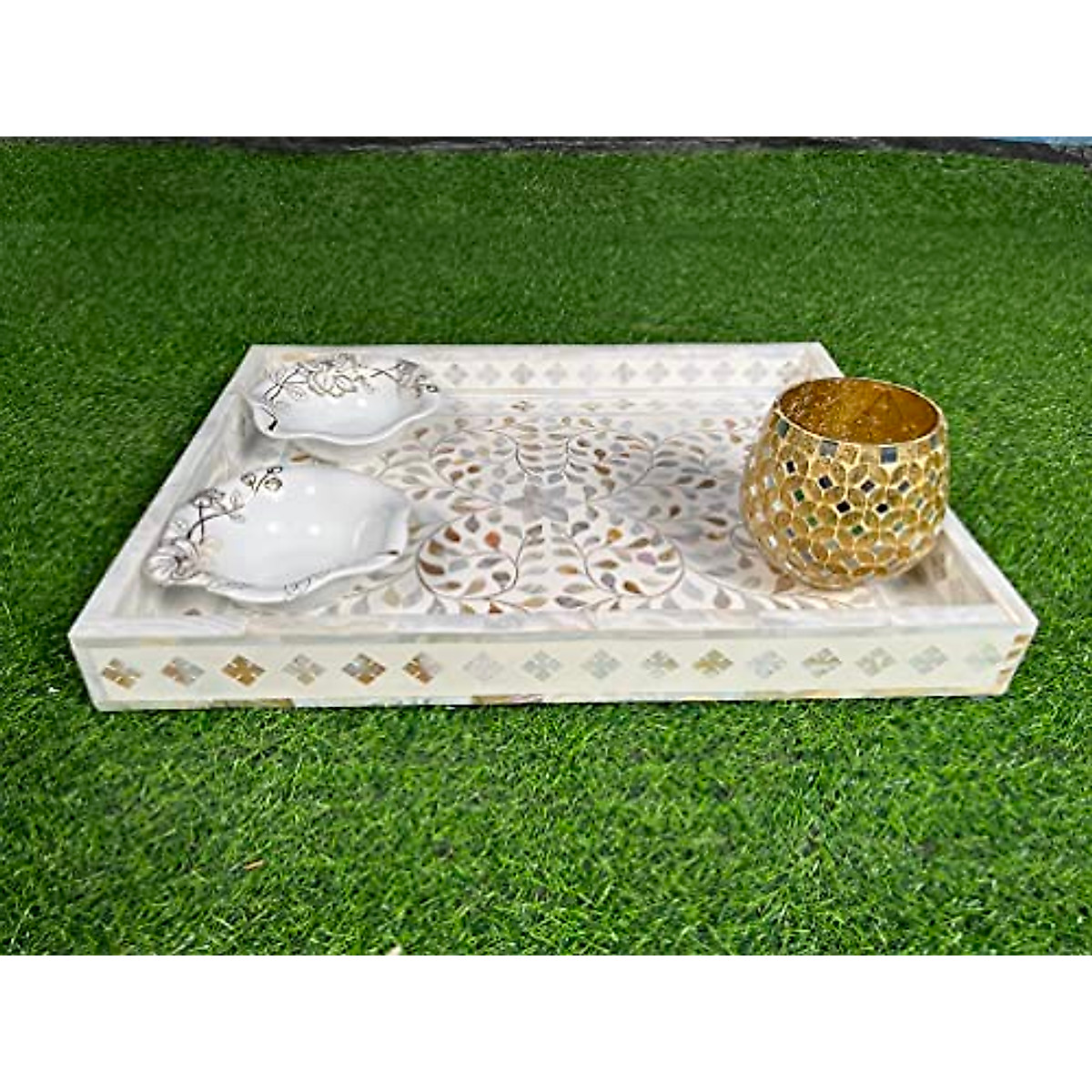 Beautifully Handcrafted Antique Mother of Pearl Serving Tray | White Colour Home Decor Tray | Decorative Food Platter | Handcrafted Ottoman Tray | Breakfast in Bed Tray - Fairdeal Handicrafts