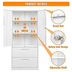 ZAOUS File Cabinet 2 Drawer, Metal File Cabinet with Lock, Lateral Filing Cabinet with Doors & Adjustable Shelves for Home Office, Living Room, Pantry, Gym, Basement, Warehouse, White