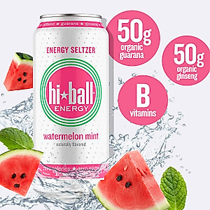 Hiball Energy Seltzer Water, Caffeinated Sparkling Water Made with Vitamin B12 and Vitamin B6, Sugar Free ,16 Fl Oz (Pack of 8), Watermelon