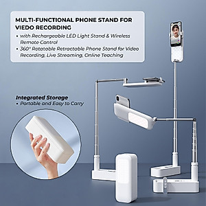 beyonday Foldable Phone Holder for Recording, Selfie Stand with Rechargeable LED Light&Wireless Remote Control 360° Rotatable Retractable Phone Stand for Video Recording/Live Streaming/Online Teaching