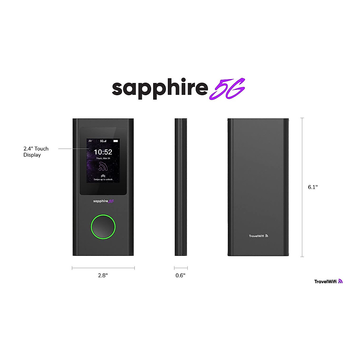 TravelWifi Sapphire 5G Mobile Hotspot, Portable WiFi Hotspot for Travel, CloudSIM Technology, Large Touch Screen, Network Congestion Monitoring, Preloaded 5GB Free Global Data, Optional Sim Card Slot