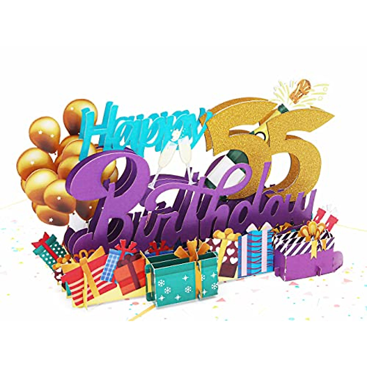 Liif Happy 55th Birthday 3D Greeting Pop Up Card, 55th Birthday Card For Women, Men, Mom, Dad - Balloon, Champagne, Funny, 55 Years Old, Celebration | With Message Note & Envelop | Size 8 X 6 Inch