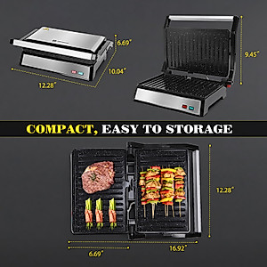 Aigostar Panini Press, 1200W Sandwich Maker and Electric Indoor Grill with Ceramic Non-Stick Coated Plates, Opens 180°to Fit Any Size of Food, Stainless Steel Surface & Removable Drip Tray, Silver