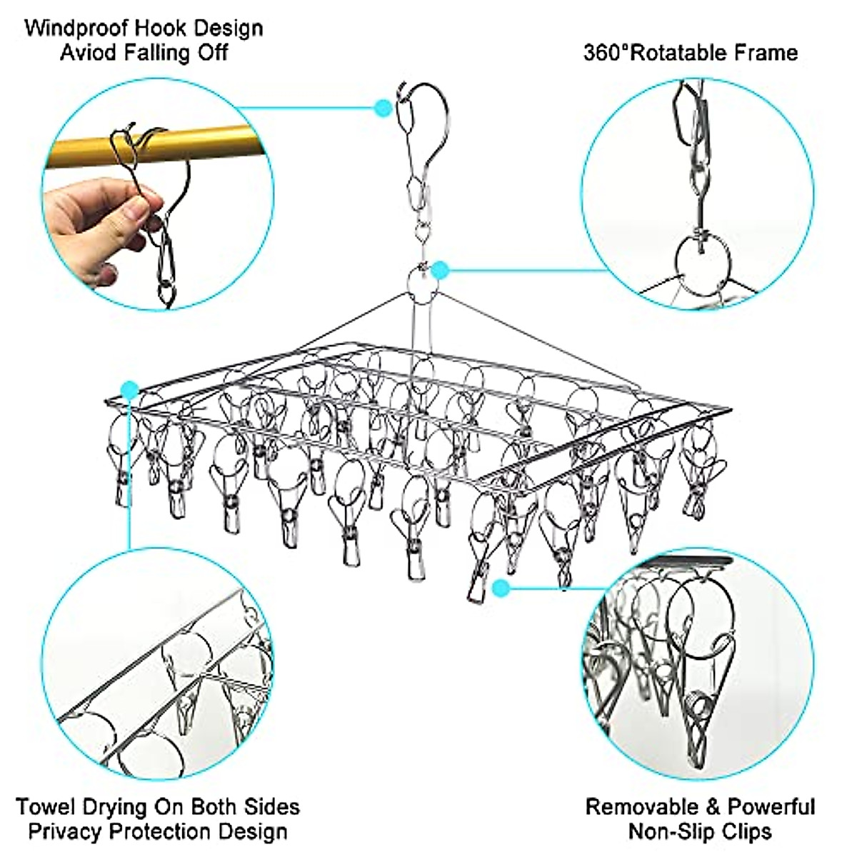 HOSTK Stainless Steel Round Clothes Drying Racks 30 Clips, Square Windproof Laundry Drip Hanger 36 Clips with 10 Replaceable Clips for Socks, Towels, Baby Clothes, Underwear, Hat, Scarf, Gloves