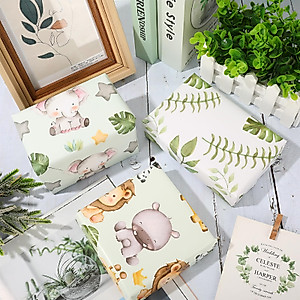 Whaline 12 Sheet Baby Shower Wrapping Paper Jungle Safari Wildlife Gift Wrap Paper Folded Flat Elephant Giraffe Lion Art Paper for DIY Craft Party Decor Wrapping Supplies