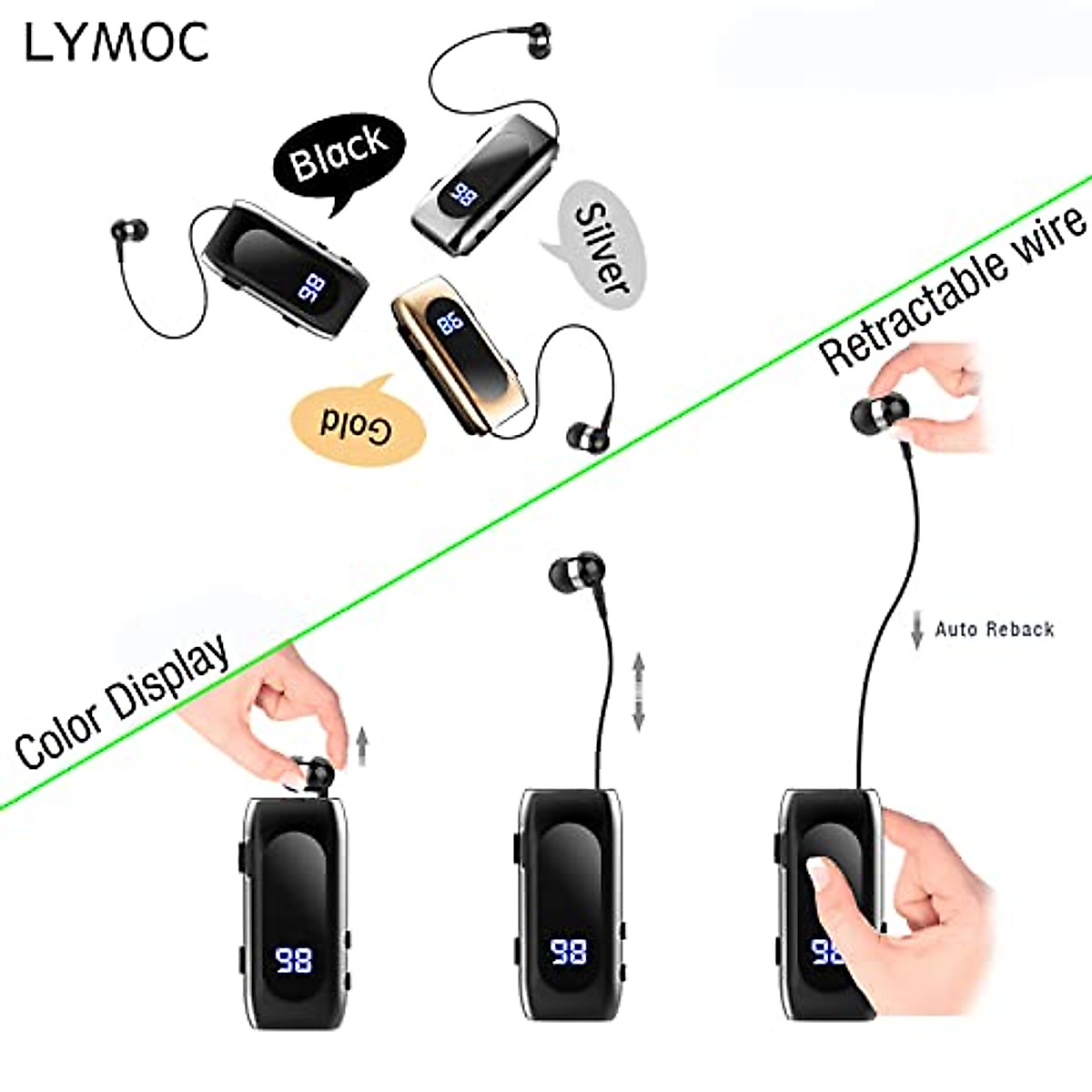 Lymoc Newest Retractable Bluetooth Headphones,Collar Clip Bluetooth Headsets Wireless Earphone Battery Display Quick Charger Handsfree Earbuds v5.2 with Microphone for Cell Phone