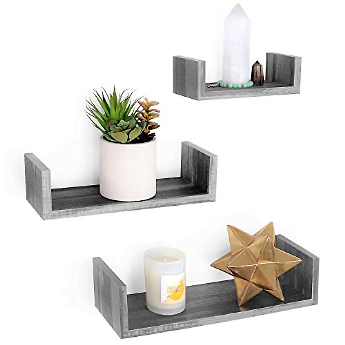 Under.Stated Floating Shelves U Shaped, Rustic MDF with PVC Wall Mounted Display Rack, Multi-Purpose Hanging Shelves Set of 3 (Rustic Grey)