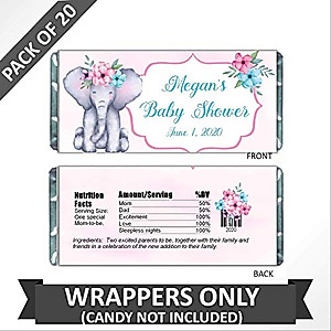 Elephant Theme Personalized Candy Bar Wrappers for Chocolate, Girl's Birthday Party Favors, Hershey Bar Labels, Pack of 20