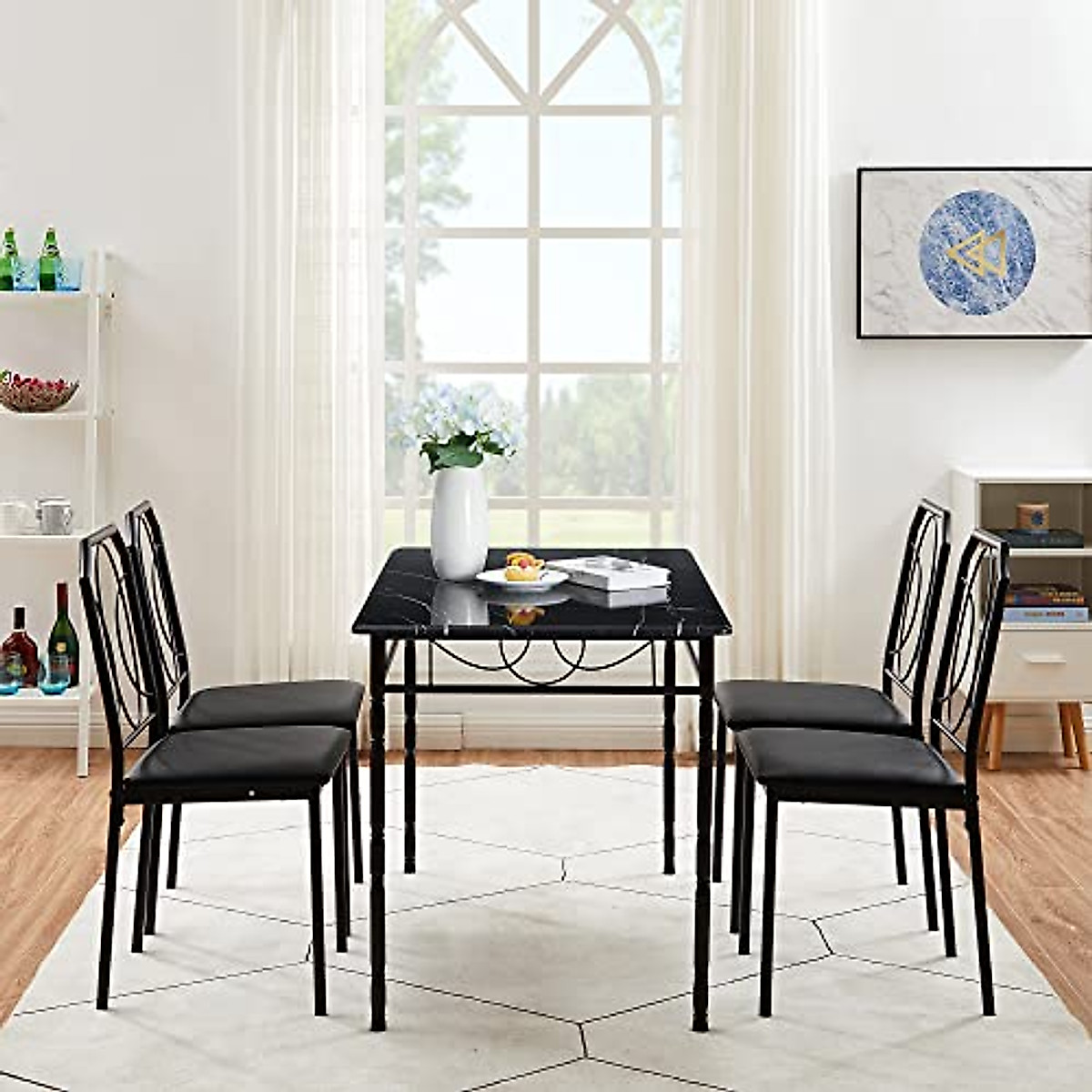 VECELO 5 Pieces Sets,43.3" Table&Chairs for 4,Industrial Counter Height Tabletop with Bar Stools, Rectangle Breakfast Table and Chairs for Dining, Living Room, Apartment, Black