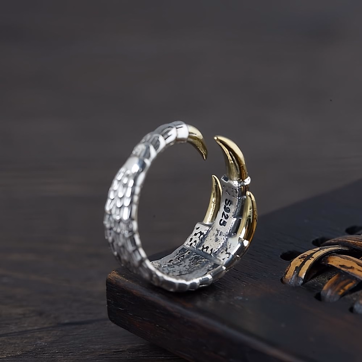 Two Tone 925 Sterling Silver Eagle Claw Ring Punk Jewelry for Men Open Adjustable