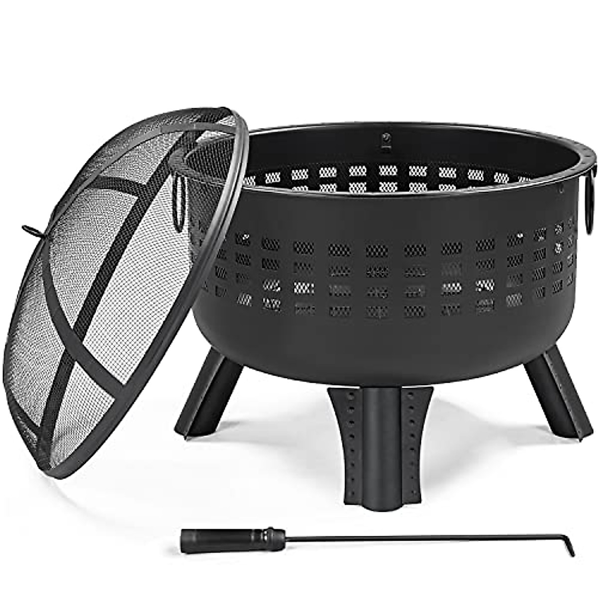 Topeakmart Fire Pit Fireplace Portable Firepit Iron Brazier Wood Burning Coal Pit Fire Bowl Stove with Spark Screen for Outside Camping Patio Garden Backyard 25in Black