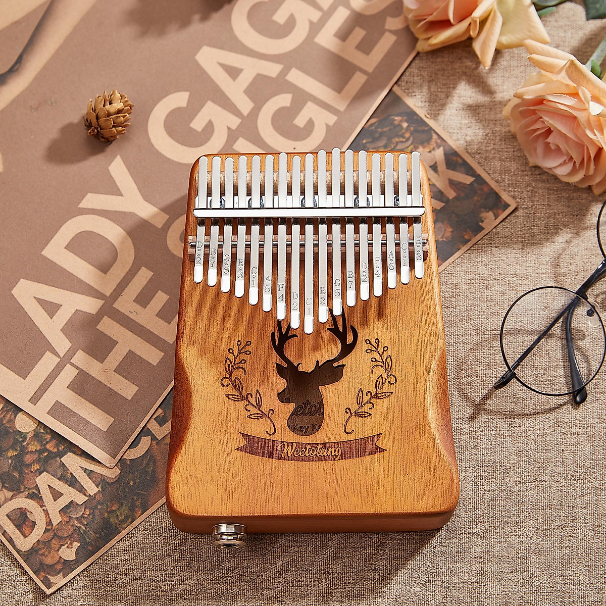 WEETOTUNG Kalimba Thumb Piano 17keys and Stress Relief, Contained 6.35mm Aux Cable Connection with Speaker EQ Pick up and the tool set for tuning