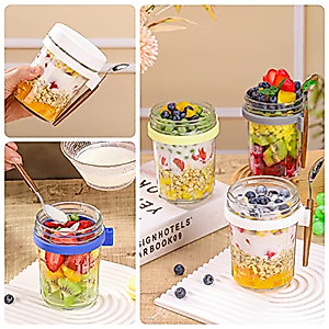EOUOBOMO Overnight Oats Containers w. Lids and Spoons,Overnight Oats Mason Jars w.Airtight Lids for Milk,Oatmeal Glass Mason Jars w. Measurement Marks for Cereal On The Go Containers,12oz,Set of 4