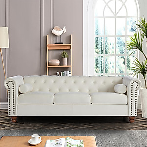 RuiSiSi Classic Traditional Upholstered Sofa with High-tech Fabric Surface, Chesterfield Tufted Fabric Sofa Couch for Living Room, White