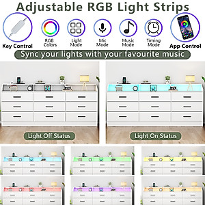 Gyfimoie 9 Drawers Dresser for Bedroom with Power Outlet, Chest of Drawers with LED Light, Modern Dresser with Open Storage Cubby, Triple Wide Dresser Organizer for Living Room (White)