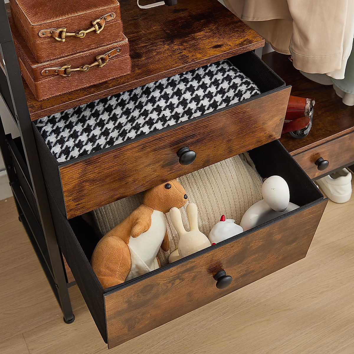 YIGOBUY Heavy Duty Garment Rack with Drawers Clothes Rack for Hanging Clothes, Industrial Clothing Racks with Shelves, 4 Fabric Drawer, Freestanding Closet Organizer, Rustic Brown