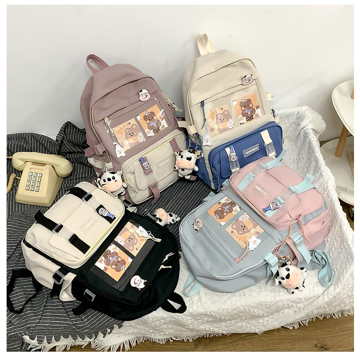 Kawaii Backpack Aesthetic Laptop Bag Large Capacity School Bag 17in Cute Bookbag Backpacks for Girls with Badge&Cute Pendant Pink1
