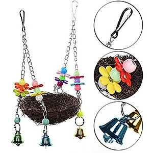 Bird Swing Nest Chew Toy with Bells Natural Rattan for Small Medium Parrots Parakeet Cockatiel Cockatoo African Grey Canary Conure Finch Lovebird Cage Accessories (S)