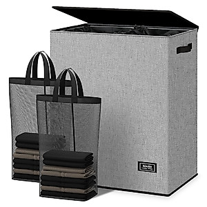 SOLEDI Luxury Double Laundry Hamper with Lid and Handle, Laundry Basket 2 Section with Removable bag, Collapsible Dirty Clothes Hampers for Laundry, Bedroom, Dorm, College