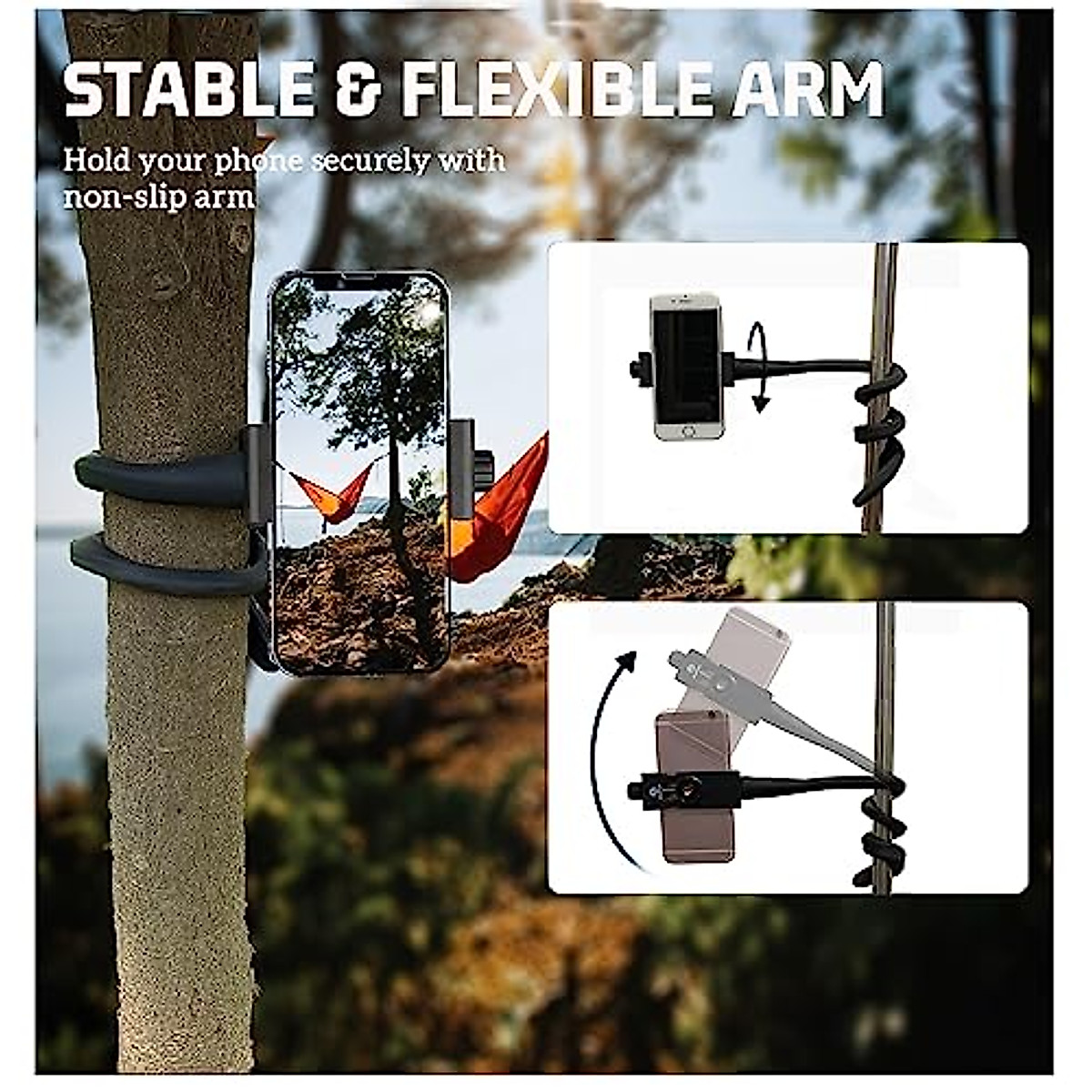 WLPREOE Stroller Phone Holder with Non-Slip Flexible Arm - Cell Phone Stand for Desk, Bed - Stable & Secure Fit on Handlebar, Treadmill, Wheelchair, Tree, Car for GoPro & Phones - One Hand Operation