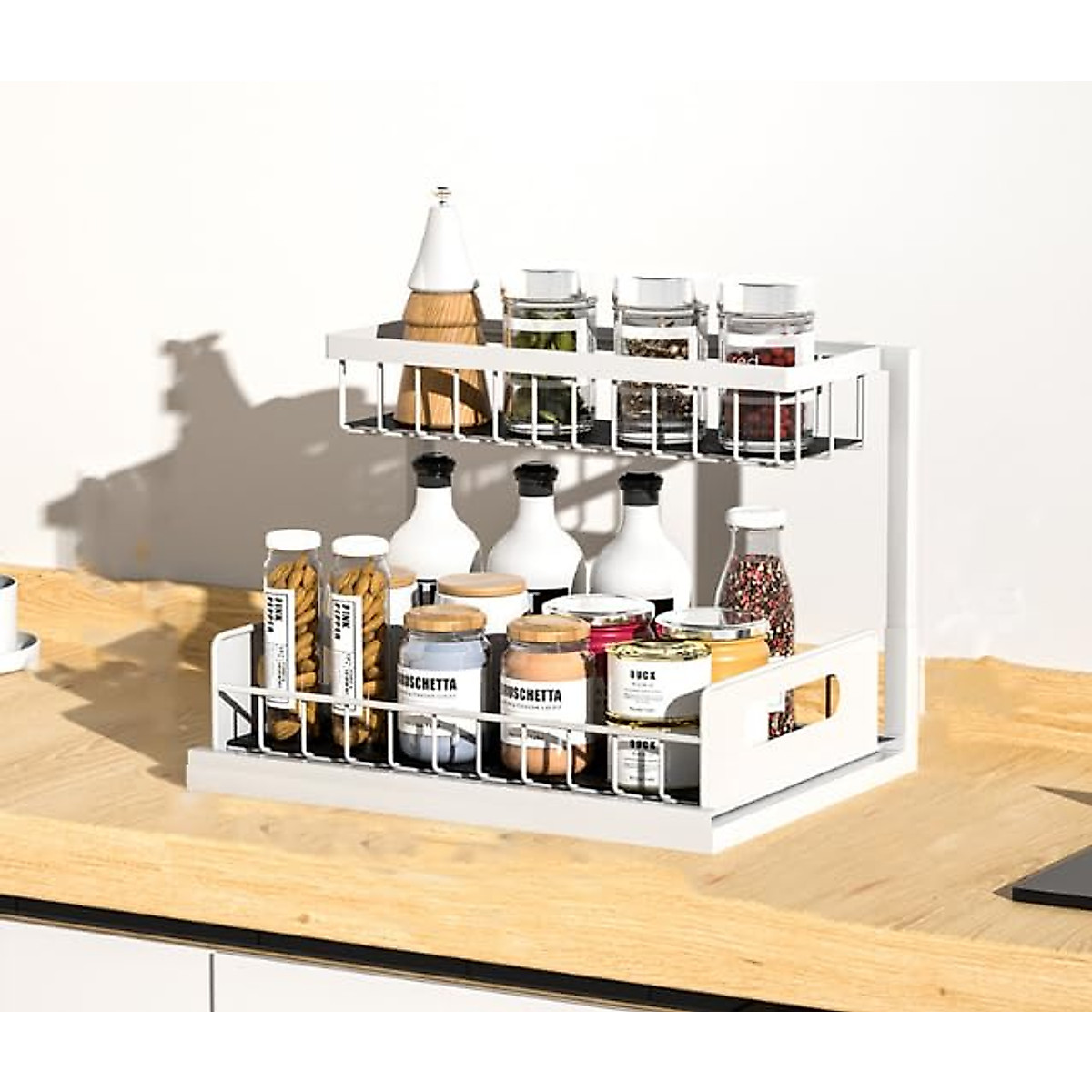 Alphyse Under Sink Organizers and Storage,2-Tier Metal Pull Out Under Sink Organizer,Multi-Purpose Slide Out Under Sink Storage for Kitchen Office Living Room Bathroom(White)