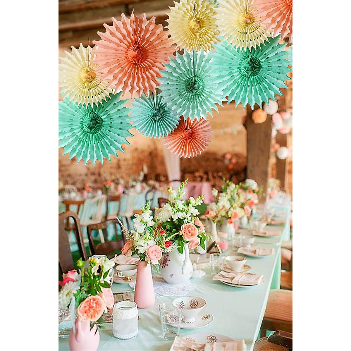Boho Rainbow Party Decorations/Mint Peach Birthday Party Decorations/Mint Peach Baby Shower Decorations/7pcs Tissue Paper Fan Flower/Mint Peach Wedding Bridal Shower/