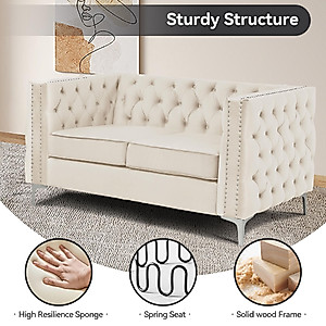 Morden Fort Loveseat Sofa, 61“Beige Mid-Century Couch with Button Tufted and Nailhead Trim and Iron Legs for Living Room, Apartroom, Bedroom, Office