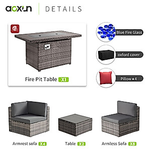 Aoxun 8PCS Patio Furniture Set with 40" Fire Pit Table Outdoor Sectional Sofa Set Wicker Furniture Set with Coffee Table (Grey Wicker)