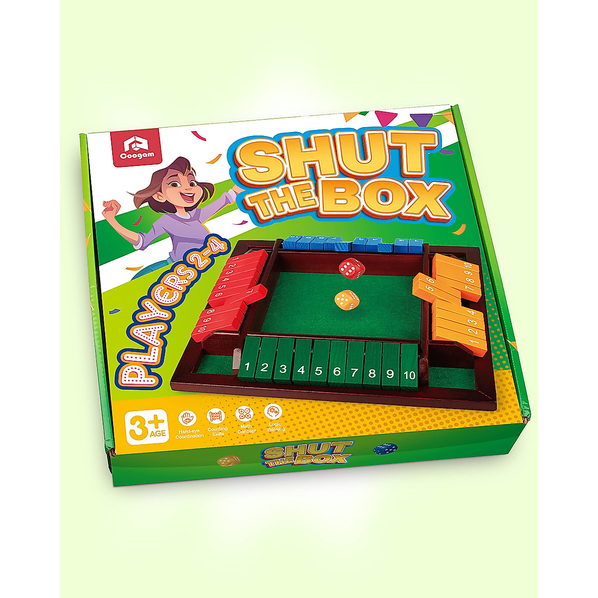 Coogam Shut The Box Dice Game Wooden Board Math Number Game Family Pub Bar 1-4 Players with 10 Colored Dice for Adults Kids