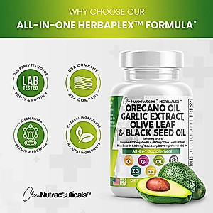 Oregano Oil 6000mg Garlic Extract 4000mg Olive Leaf 3000mg Black Seed Oil 3000mg - Immune Support & Digestive Health Supplement for Women and Men with Vitamin D3 and Zinc - Made in USA 60 Caps