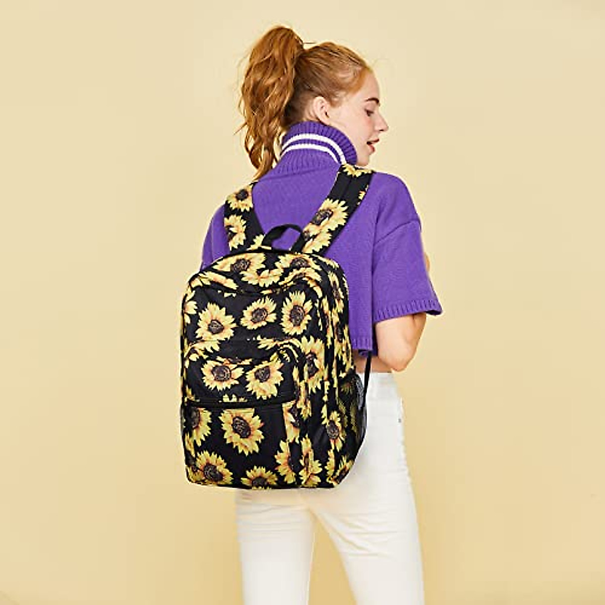 Telena School Backpack for Teen Girls Boys, Lightweight Backpack for College Bookbag with Bottle Side Pockets, Sunflower Backpack