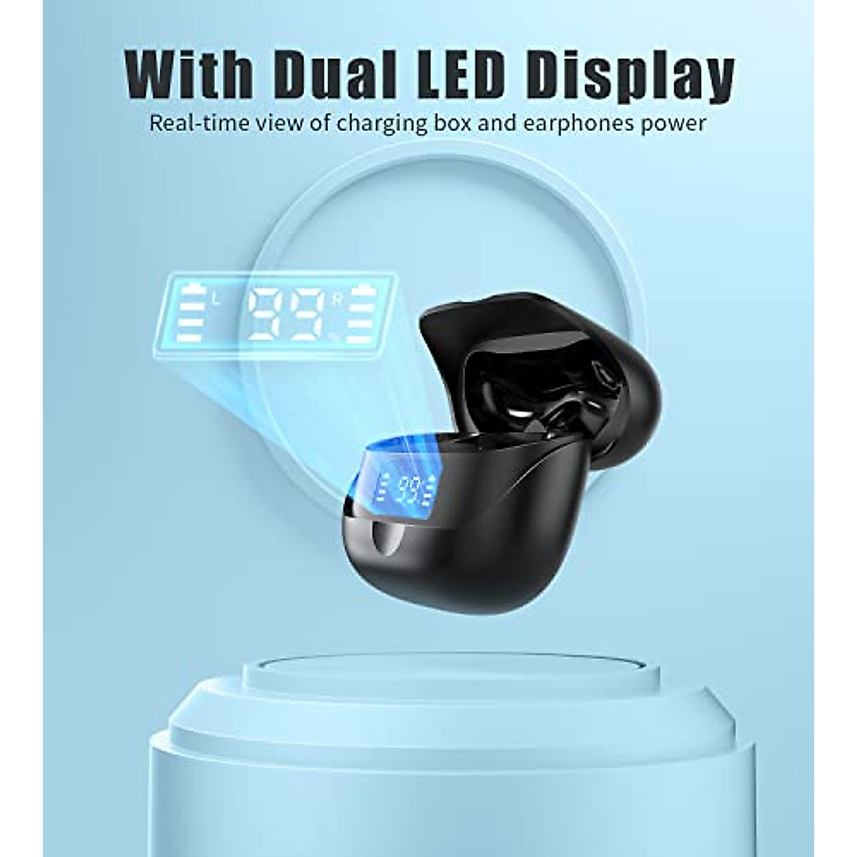 Wireless Earbuds Bluetooth Headphones, Stereo Earphones with 4-Mics Clear Call, 30Hrs Playtime & Wireless Charging, Deep Bass Headset with Dual LED Display Touch Control for iPhone/Android Matte Black