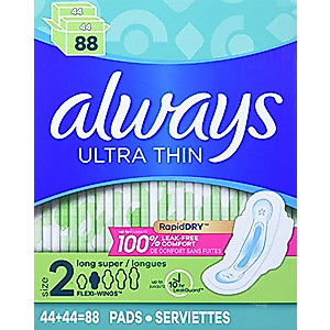 Always Ultra Thin Feminine Pads with Wings, Long/Super, Unscented, 88 Count