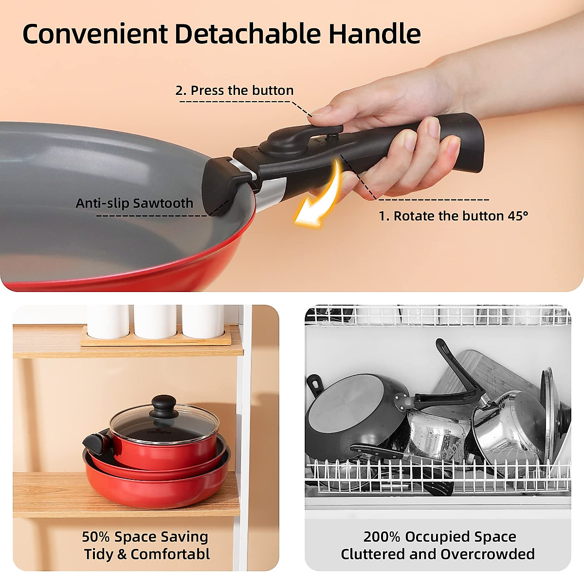 Flamingpan 6 Pieces Detachable Pots and Pans Set and Nonstick Cookware Set with Removable Handle, Dishwasher & Oven Safe, Suitable for All Stovetops (Red)