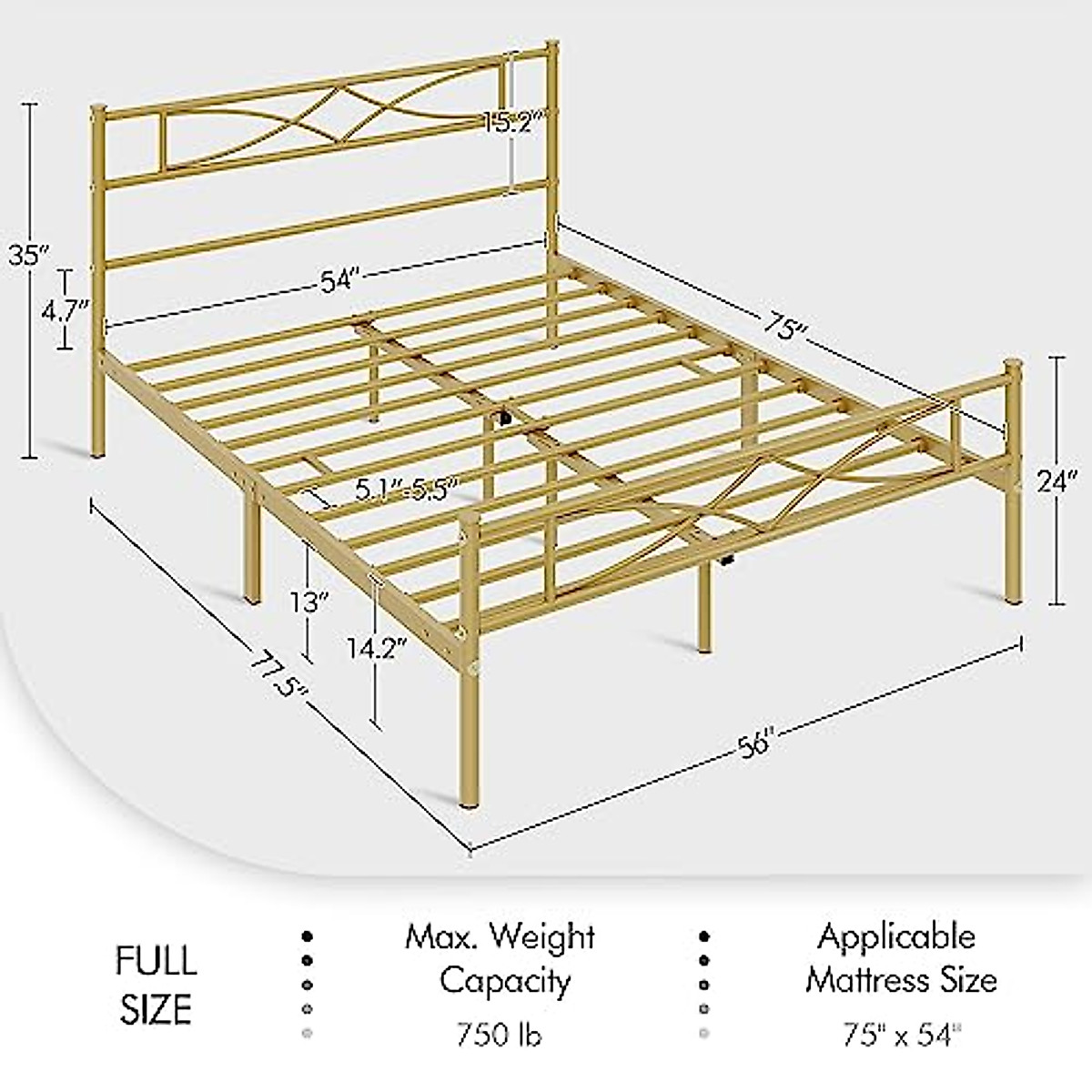 Yaheetech Metal Full Size Bed Frame, Platform Bed Frame, Mattress Foundation with Curved Design Headboard & Footboard, NO Box Spring Needed, Heavy-Duty Support, Easy Assembly, Full,Antique Gold