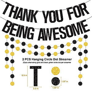 Thank You for Being Awesome Banner, Black Glitter Banner Party Decorations with 2pcs 6.6FT Hanging Circle Dot Garland Streamer for Graduation Retirement Farewell Going Away Office Work Goodbye Party