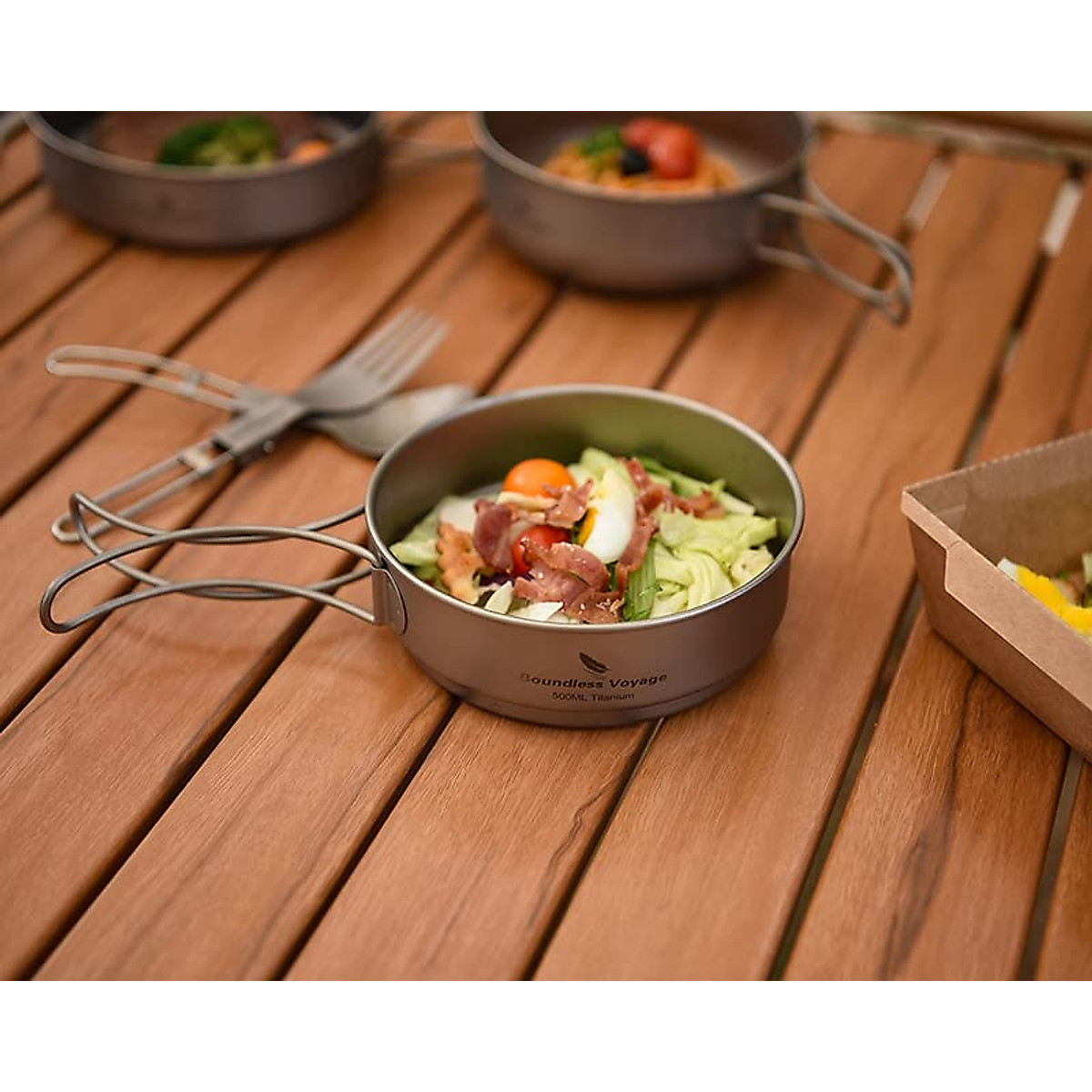 Boundless Voyage Camping Titanium Pot Pan Set with Folding Handles Outdoor Picnic Hiking Bowl Plate Mess Kit Tableware Cookware Ti2053C