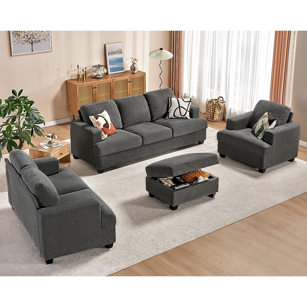 papababe Sofa, 3 Seater Modern Couches with Extra Deep Seats, 89" Wide Comfy Couches for Living Room, Bedroom(Grey,Chenille)