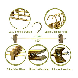 Koobay Pants Hanger Gold Aluminum Skirt Hangers 2-Adjustable Clips Heavy Duty Clothes Hangers Space Saving Durable Hanger 11.8" Closet Organizer for Pant,Pack of 10