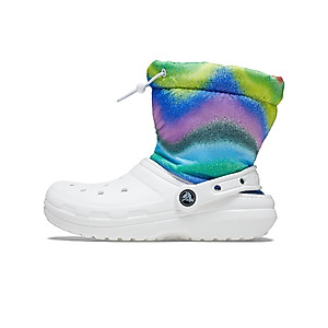 Crocs Classic Lined Neo Puff Fuzzy Winter Boots Snow, White/Multi Spray Dye, 2 US Unisex Little Kid