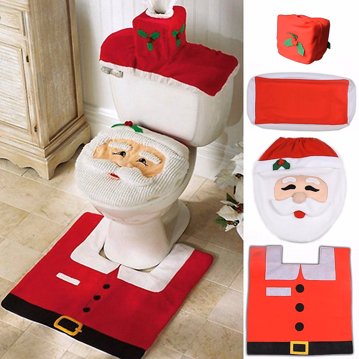 Ohuhu Christmas Bathroom Sets, Santa Toilet Seat Cover 4-Piece Christmas Bathroom Decor, Toilet Seat Cover and Rug Set, Santa on The Toilet Ornament, Santa Claus Toilet Seat for Christmas Decorations