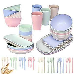 Eco Friendly，Wheat Straw Dinnerware Sets(60pcs)， Multicolor，Lightweight，Degradable ，Durable Dinner Plates Set:Bowls，Cups， Plates Set，Salad Bowls——Microwave and Dishwasher Safe