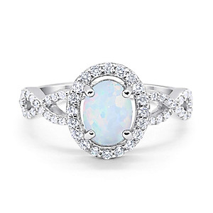 Blue Apple Co. Infinity Art Deco Halo Wedding Engagement Bridal Ring Oval Created White Opal Round Cubic Zirconia Solid 925 Sterling Silver, Size-7