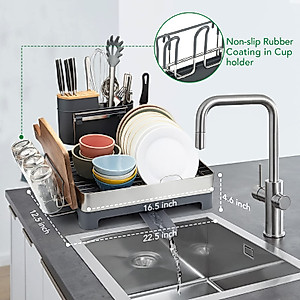 LITENEZZ Dish Drying Rack, Stainless Steel Dish Rack Drainers for Kitchen Counter with 360° Swivel Spout and Drainboard, Fingerprint-Proof Dish Drainers with Utensil Holder, Kitchen Sink Organizer