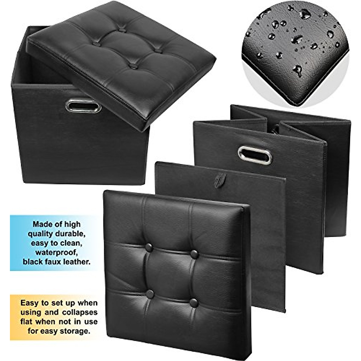 Greenco Faux Leather Tufted Ottoman Stool, Square Ottoman Storage Cube, Seat and Foot Rest, Collapsible and Versatile Black Storage Box