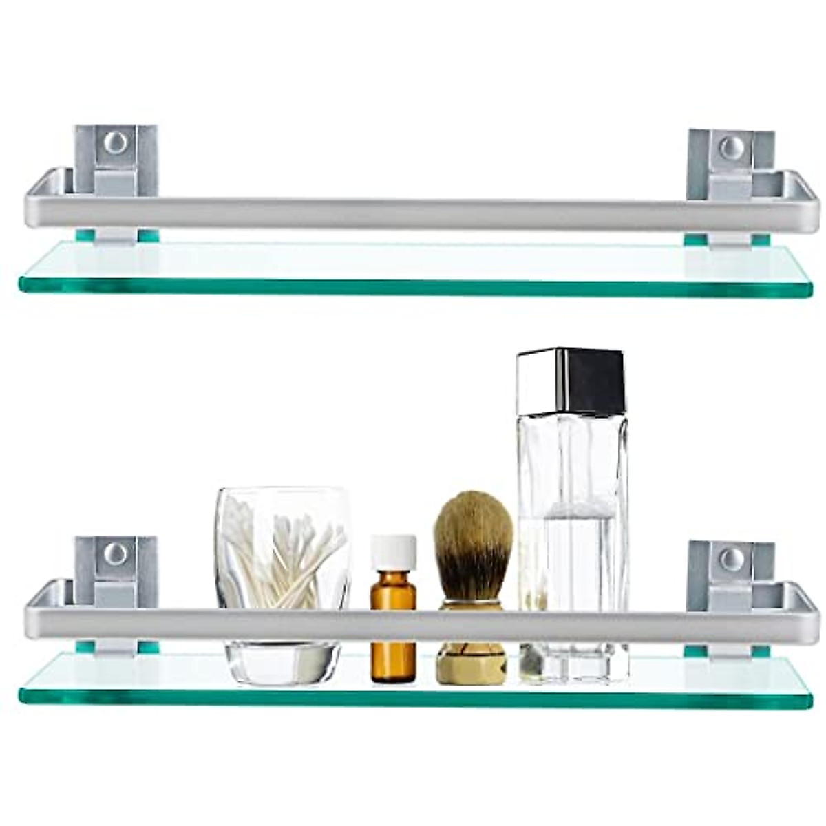 Sanbege 2-Pack Tempered Glass Bathroom Shelf with Rail, 15" x 4.5" Rectangular Shower Caddy, Wall Mounted Floating Shampoo Holder for Lavatory, Kitchen, Living Room